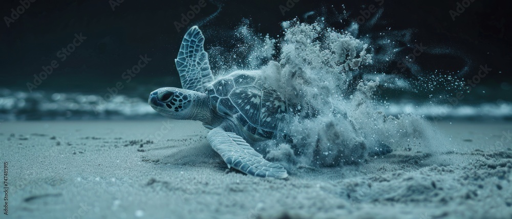 a close up of a sea turtle laying on its back in the sand with a splash ...