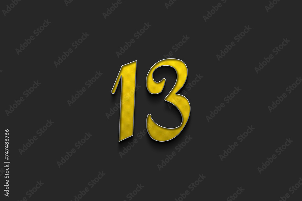 Dark glowing yellow 3d logo of number 13 on dark black background ...