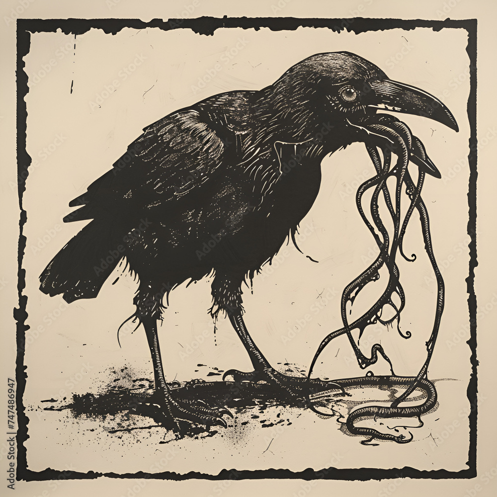 **creepy crow with worms growing out of its mouth, screenprint, super ...