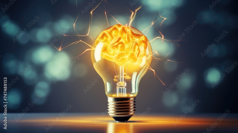 Human glowing brain inside bulb. Human brain. Brains activity. Impulses ...