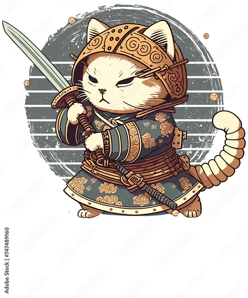 Japanese samurai cat in cute kawaii anime style with ninja sword and ...