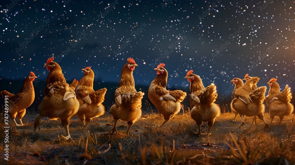 Flock of chickens under starry night sky - Dramatic image of a flock of ...