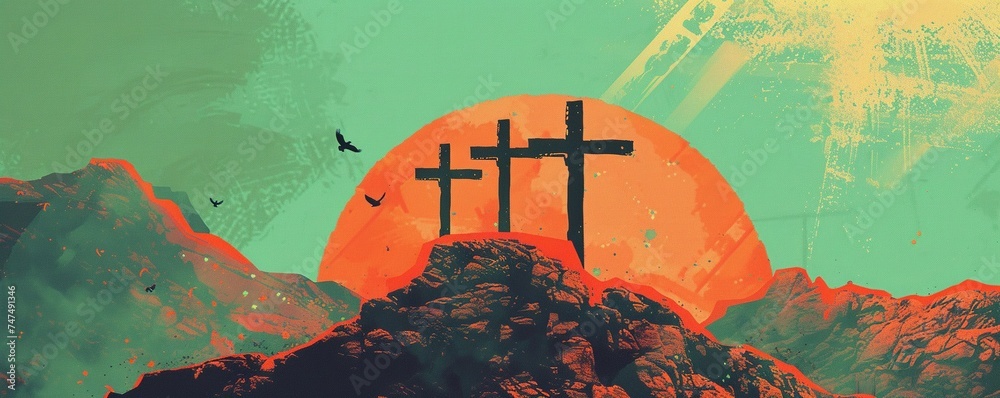 Good friday - Three cross crucifix on mountain and orange green sky and ...