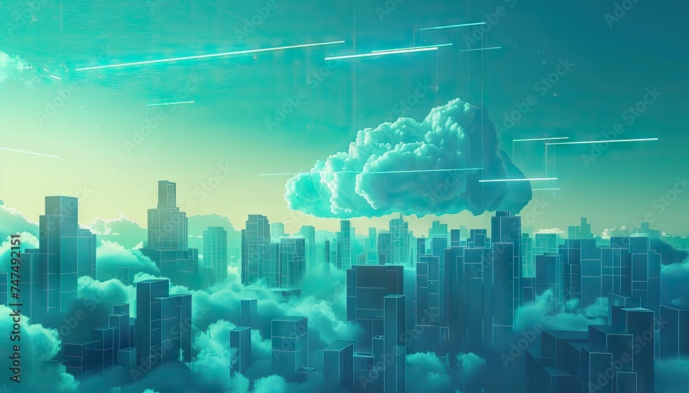 cloud computing digital transformation, in the style of light teal and ...