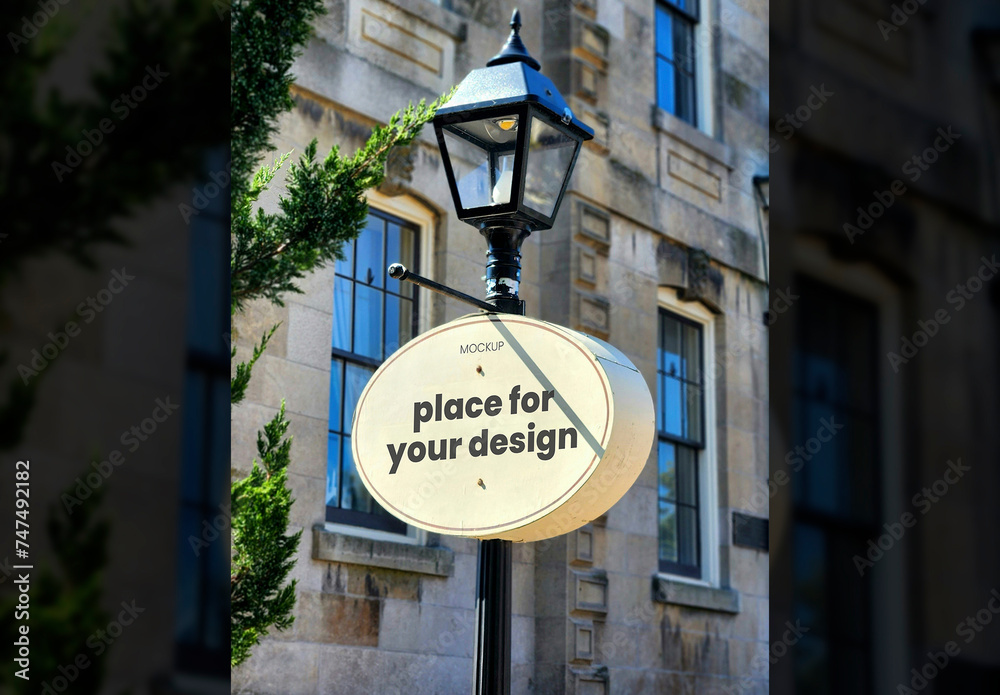 Sign on Street Lamp Mockup Stock Template | Adobe Stock