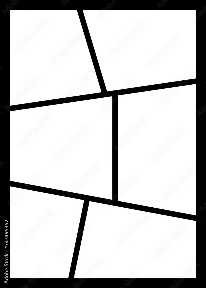 Vertical comic book panel with six empty angled dynamic boxes ...