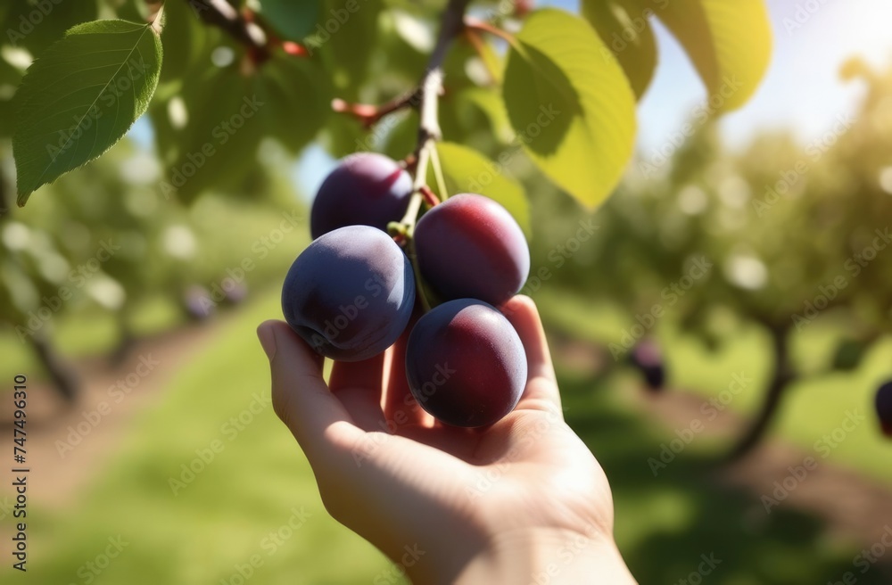 a hand plucks a plum from a branch of a plum tree, plantation workers ...