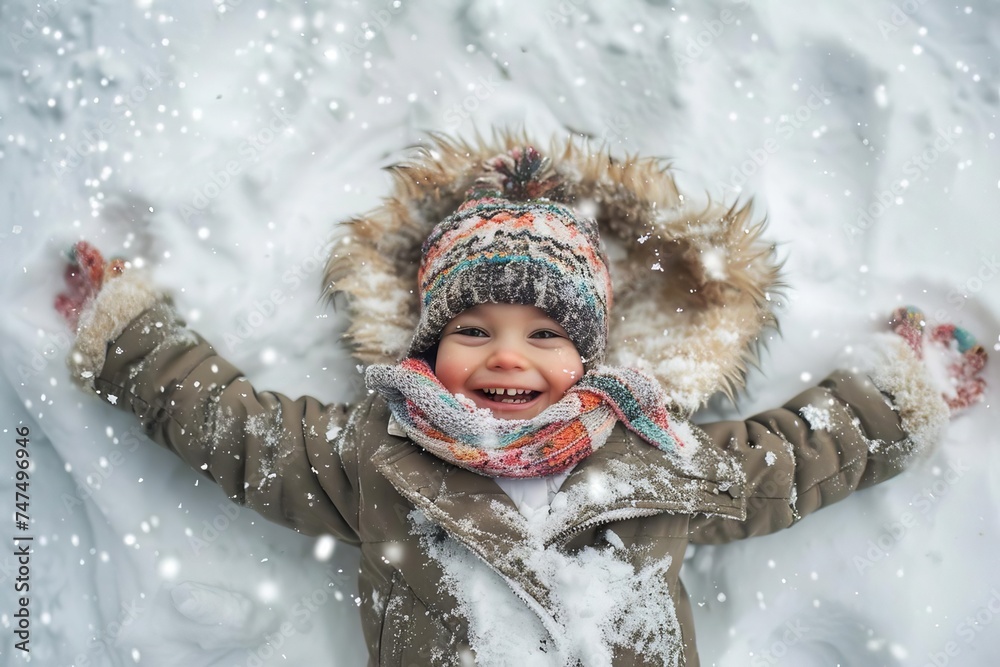 Joyful child bundled up in winter gear Making a snow angel with a ...