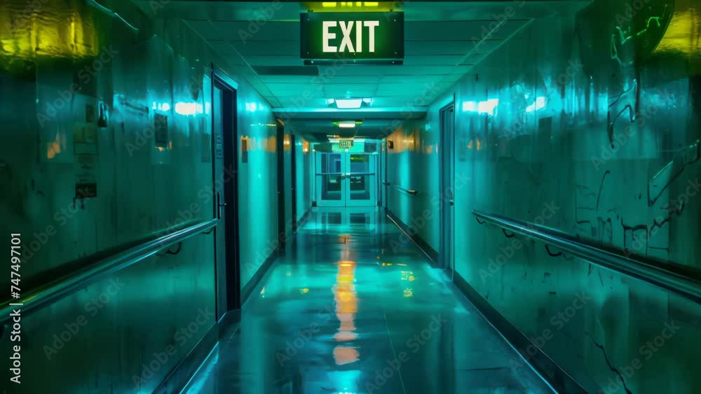 Emergency exit sign in green-lit corridor. Safety and guidance concept ...