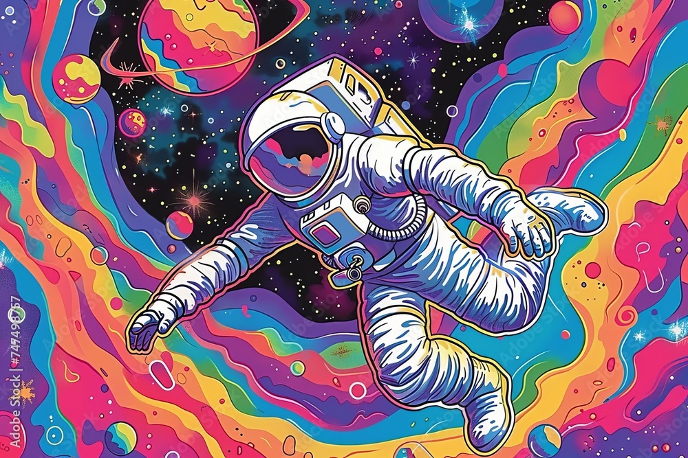 Pop art-inspired astronaut exploring a colorful Bubble-filled galaxy ...