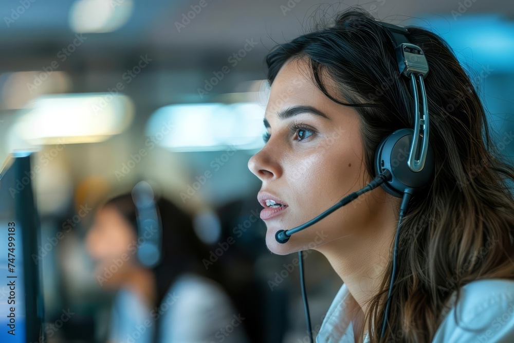 Professional call center agent equipped with headphones Focusing ...