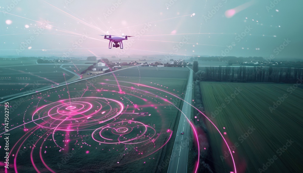 agriculture aerial view of drones flying over farms and fields, with ...
