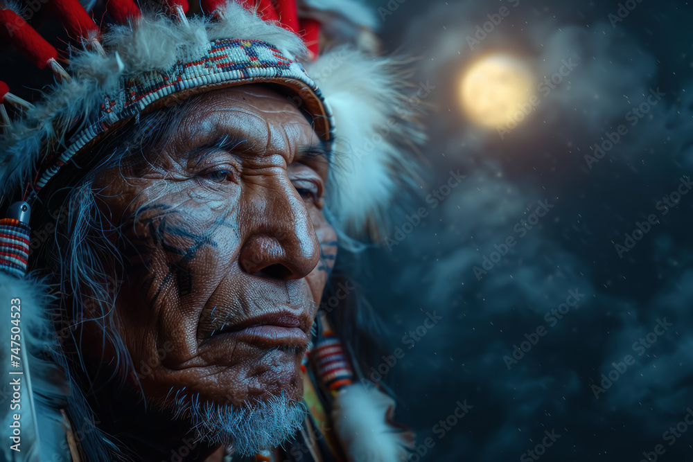 Moonlit Native American Chief in Regalia, Chiaroscuro effect with high ...