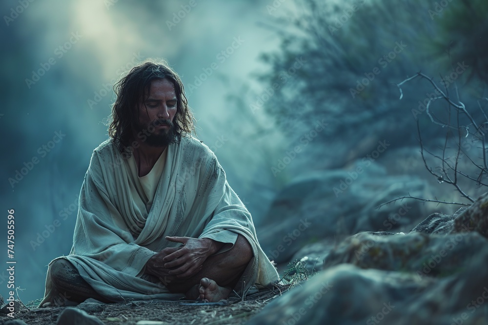 Witness Jesus standing on a high cliff, torn between earthly desires ...