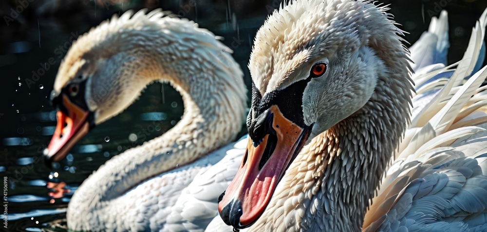 a close up of two swans in a body of water with one of them's beaks ...