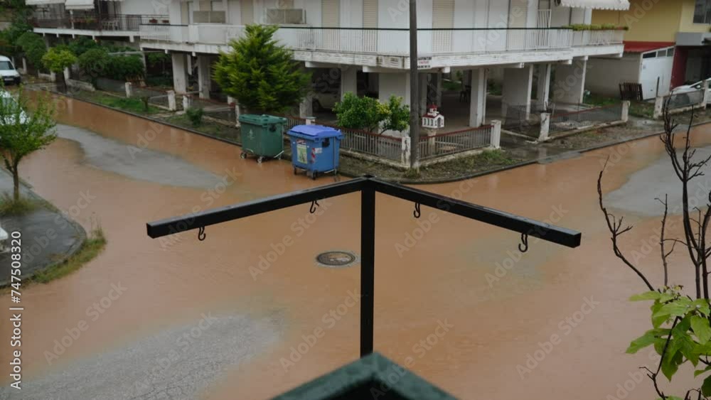 Intersection in greek cottage village with sorting waste containers is ...