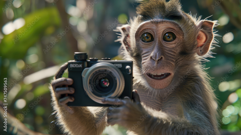 Monkey with camera capturing a photo - A curious monkey holding and ...