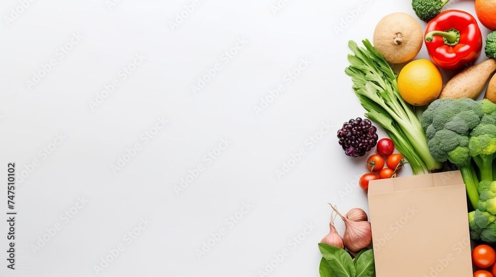 Healthy food background. Healthy food in paper bag fish, vegetables and ...