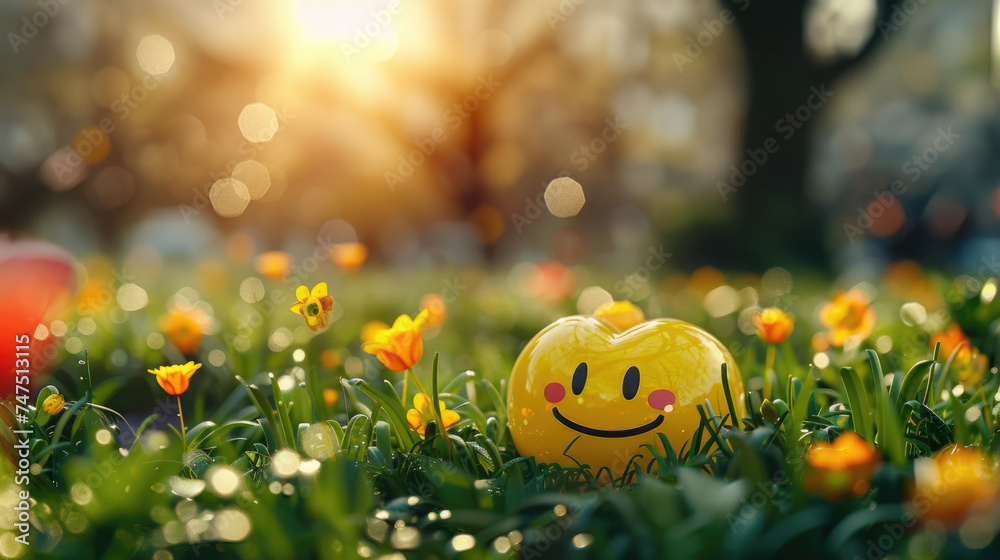 Smiley face toy amidst dewy flowers at dawn - A happy face toy sits ...