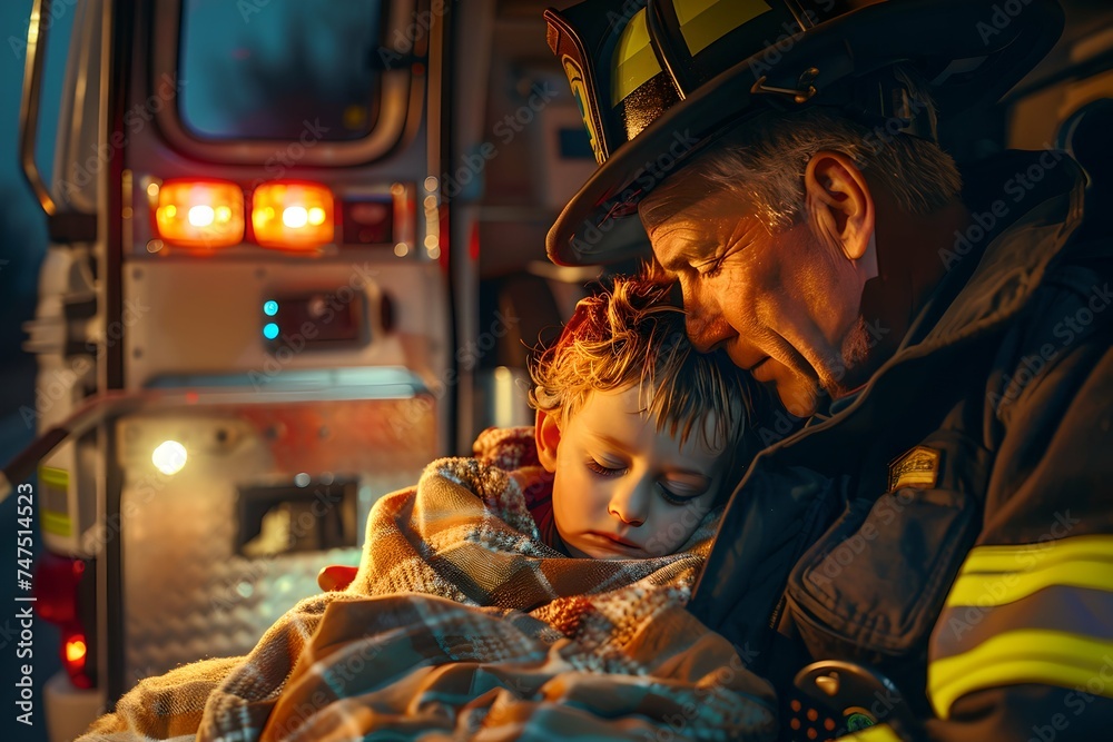 Firefighter holds a sleeping child. Fire department, emergency response ...