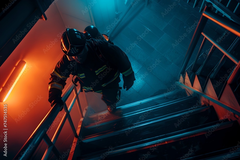 Firefighter climbing stairs in smoky environment. Fire department ...