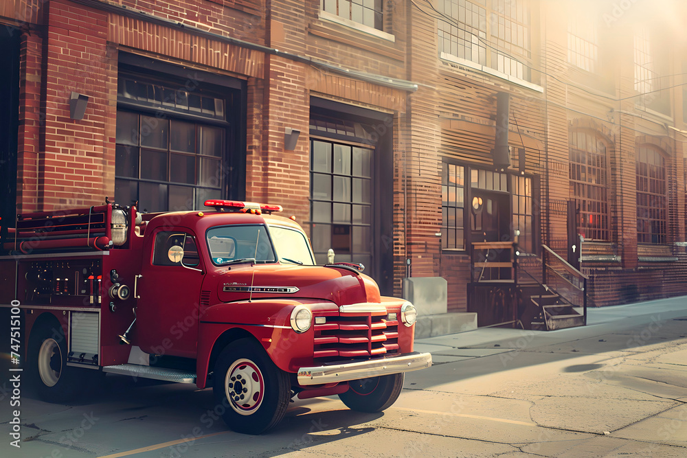 Vintage red fire truck parked in front of brick building. Fire ...