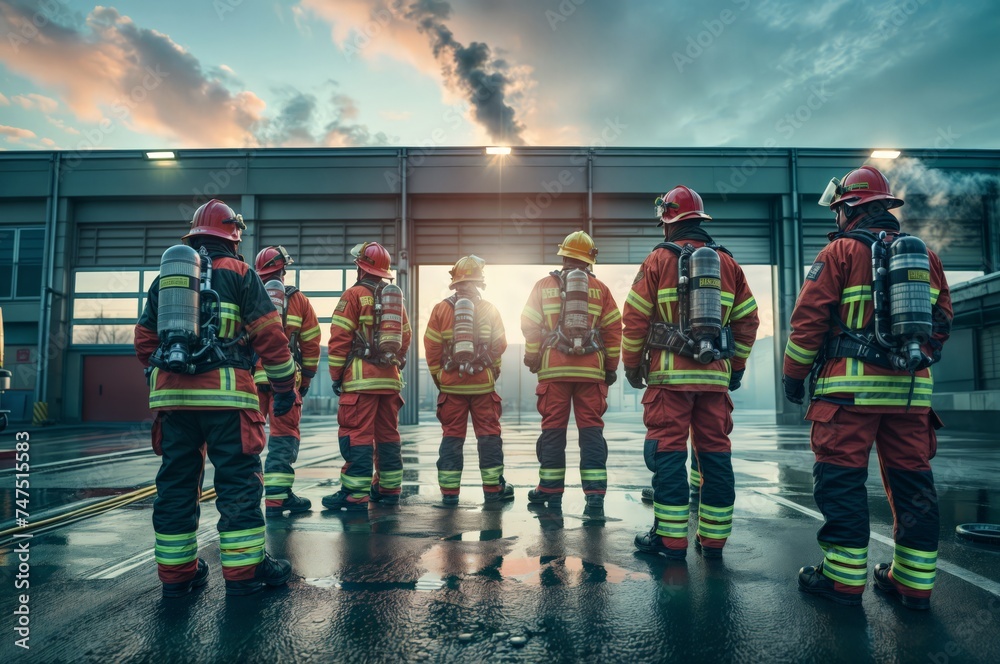 Group of firefighters standing in front of fire station. Fire ...