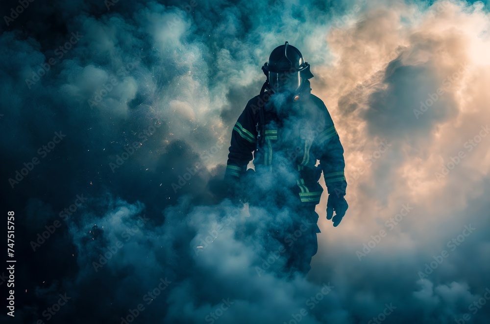 Firefighter walking through smoke. Fire department, emergency response ...