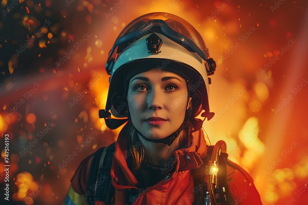 Female firefighter in front of fire. Protective suit and helmet. Fire ...