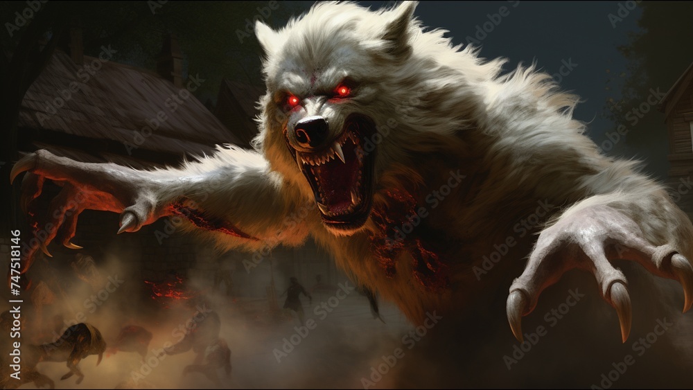 Werewolf Snarling Evil Red Eyes Large Fangs Attacking Monster Entity ...