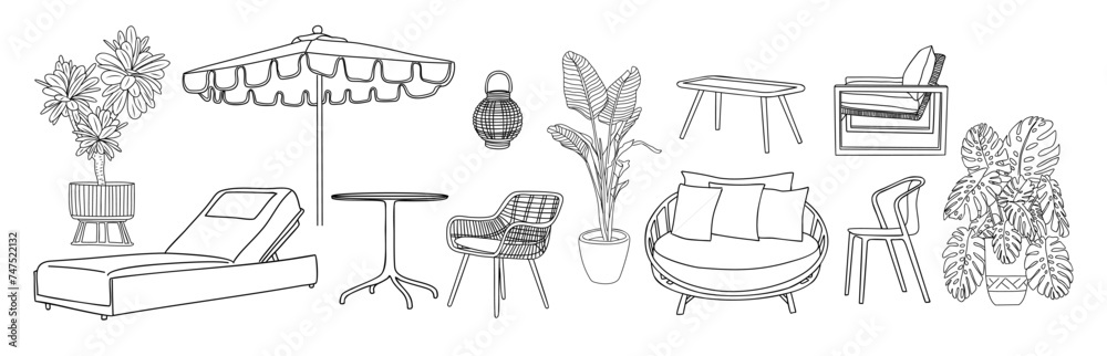 Patio furniture line art drawing Set. Outdoor, porch zone, garden yard ...