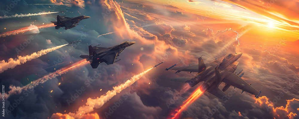 A squadron of stealth fighter jets engaged in a high speed aerial ...