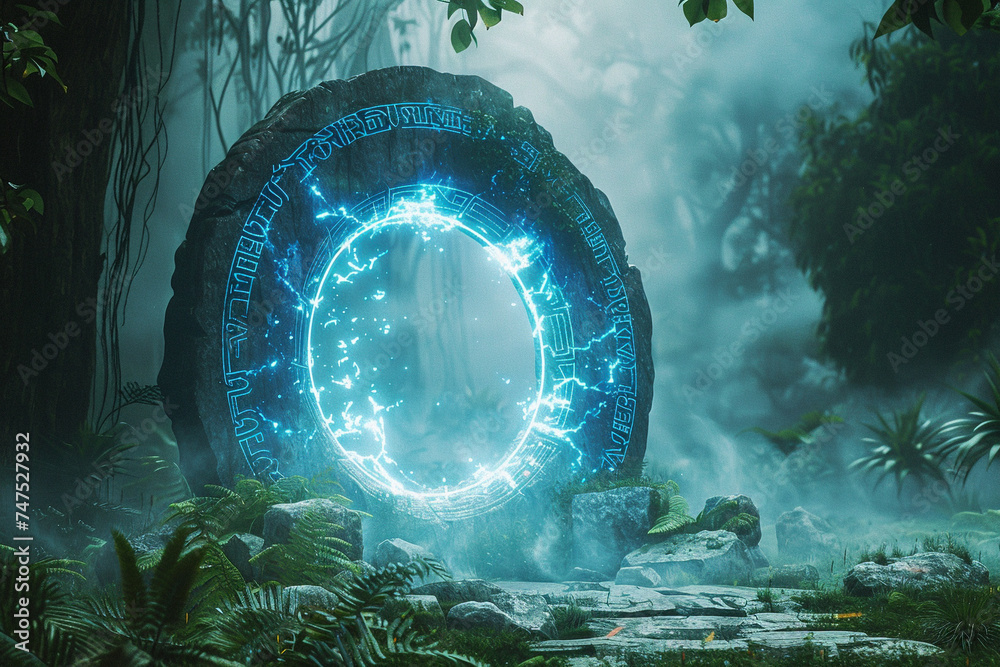 Foto de An ancient stone portal runes etched along its frame glowing ...