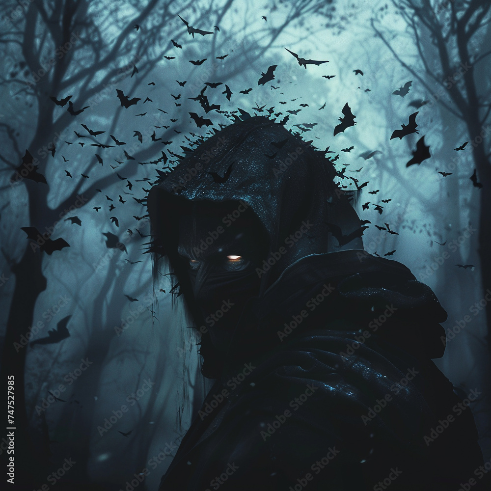 An enigmatic vampire cloaked in darkness surrounded by a swarm of bats ...