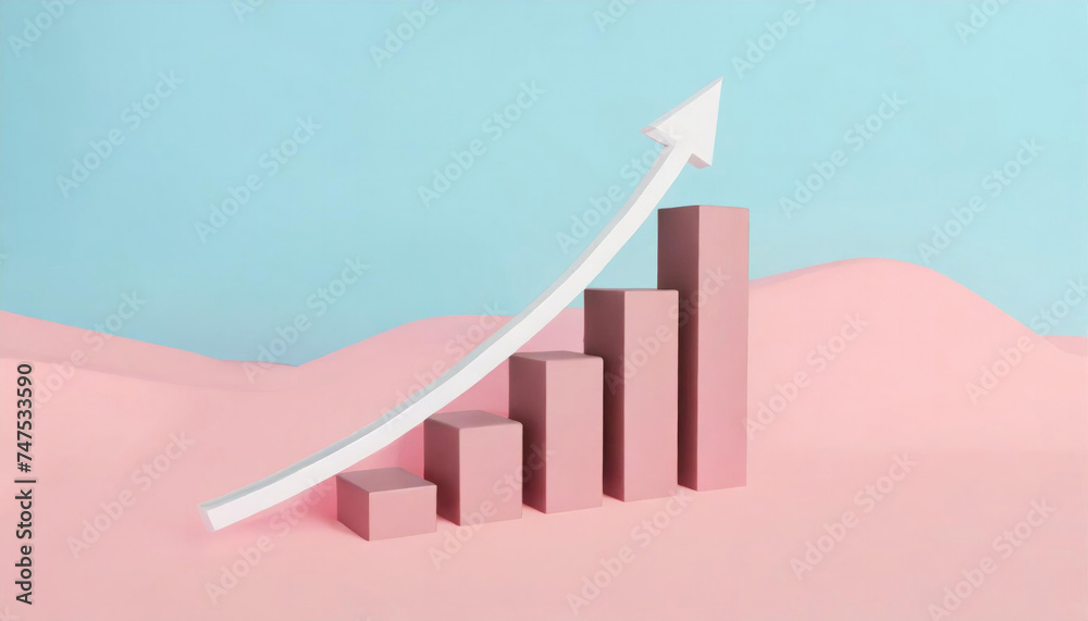 Stylized 3D bar graph with rising columns and an upward arrow against a ...