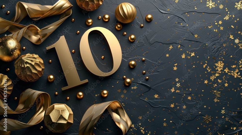 Gold number 10 on a minimalist black background. There are gold candies ...