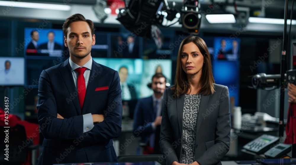 Broadcasters address news topics in a modern television studio set ...