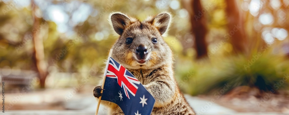 Quokka Holding Australian Flag with Natural Background An adorable ...