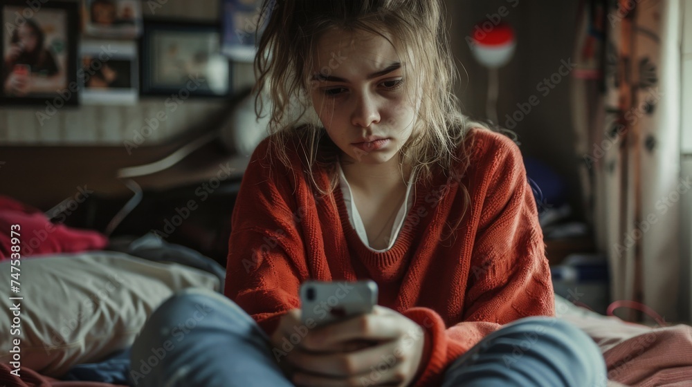 Very sad teenage girl looking at her smartphone. Teenager checking her ...