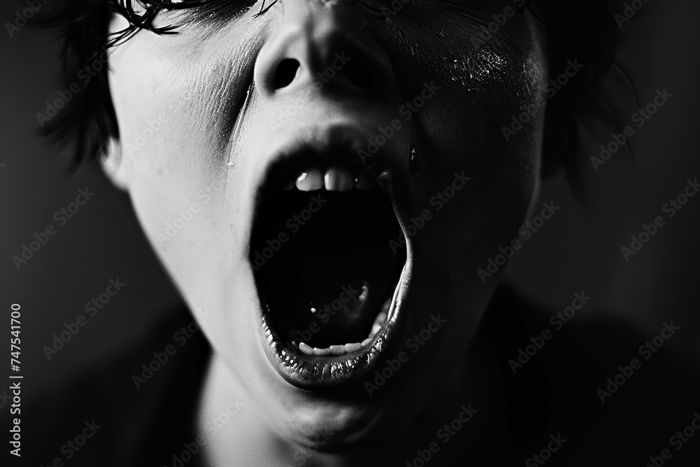 Black and white portrait of a woman screaming in a dark room. A close ...