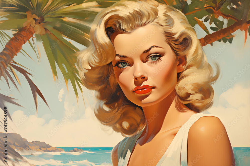 1940s beachside glamour. Female with beautifully styled hair and makeup ...