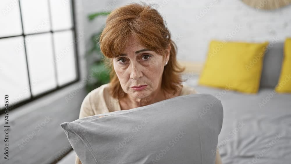 Distressed middle aged woman in bedroom, a solemn expression of stress ...