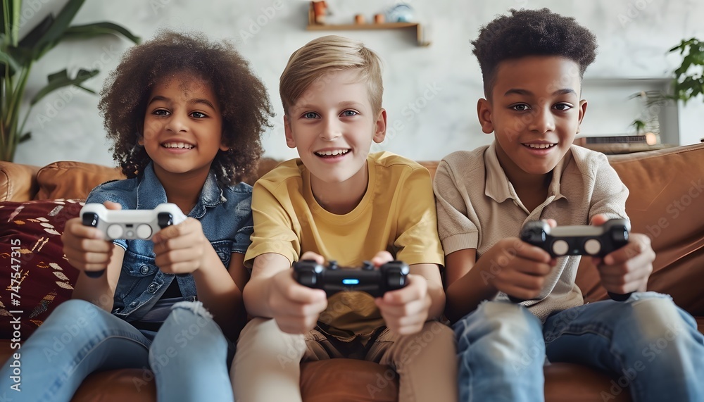 three young kids playing video games together hanging out on couch ...