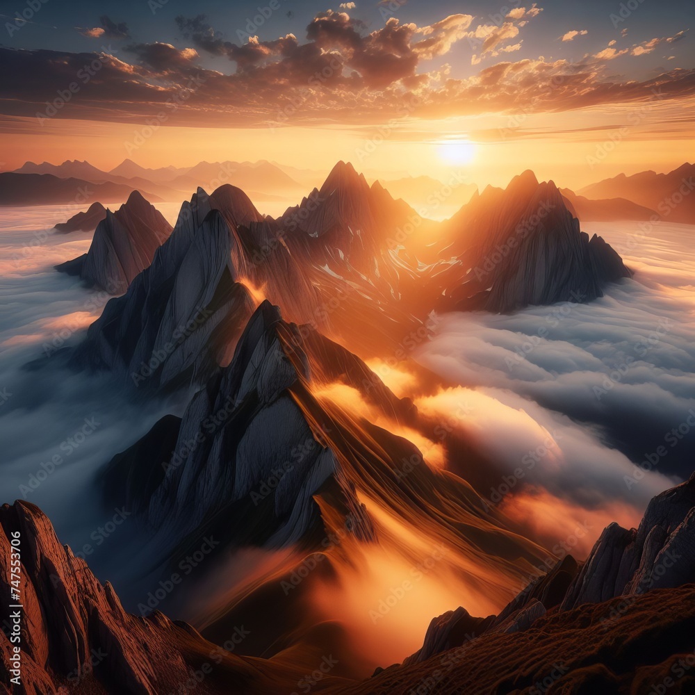 A breathtaking view from the Saentis mountain, capturing the sunset ...