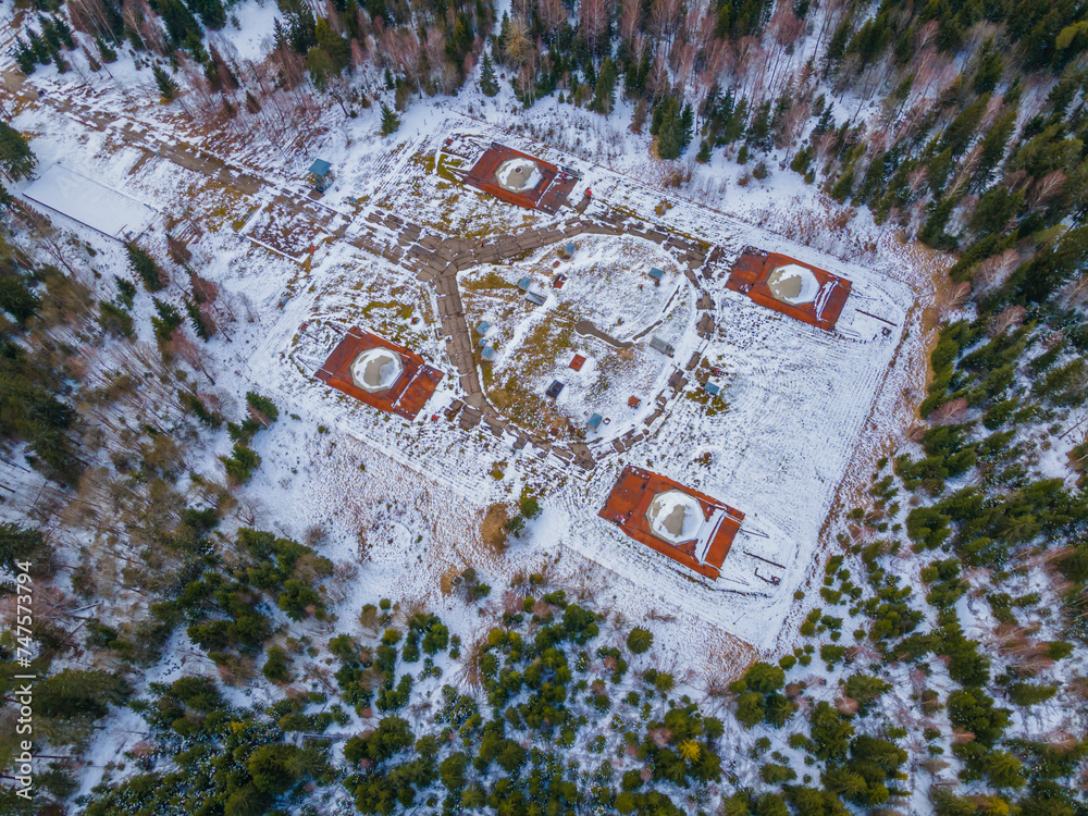 Aerial view of Plokstine missile base - an underground base of the ...