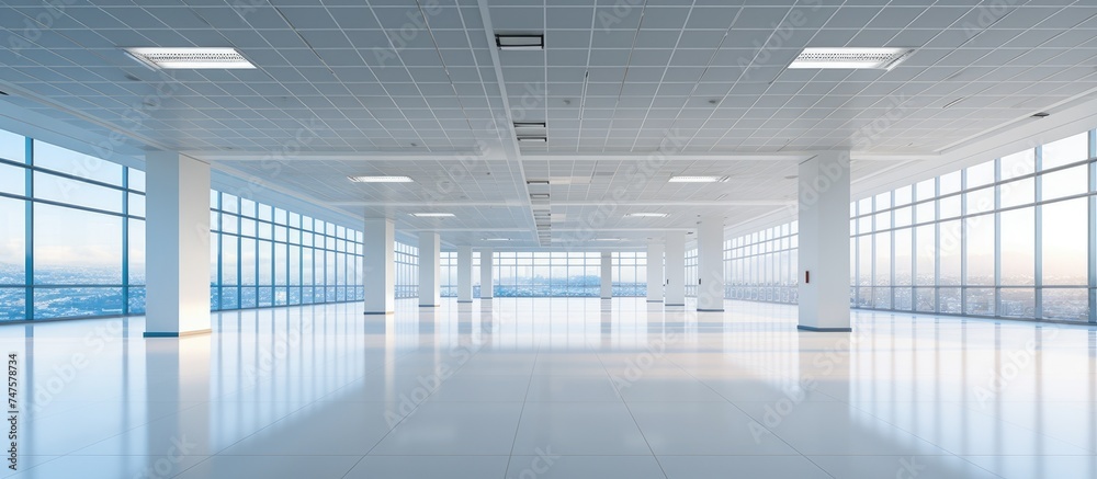 This is an interior shot of a modern empty office building with a white ...