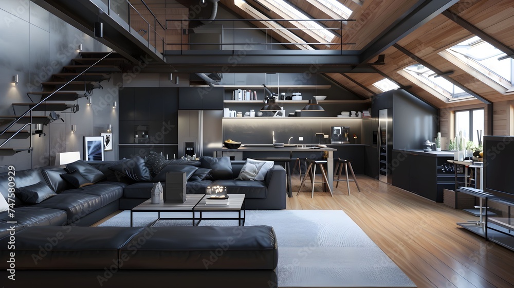slanted roof modern living room interior render, with living room and ...