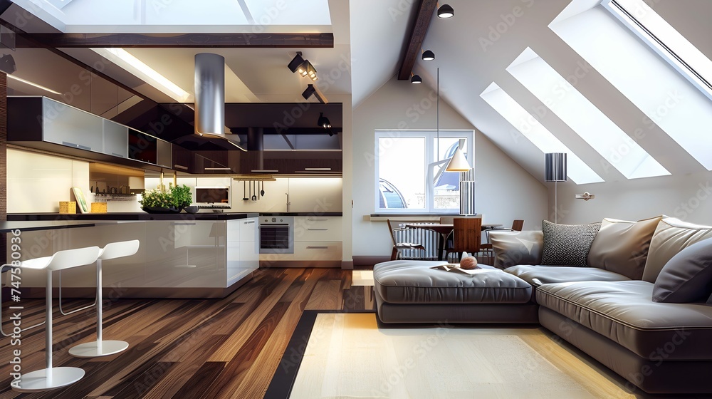 slanted roof modern living room interior render, with living room and ...