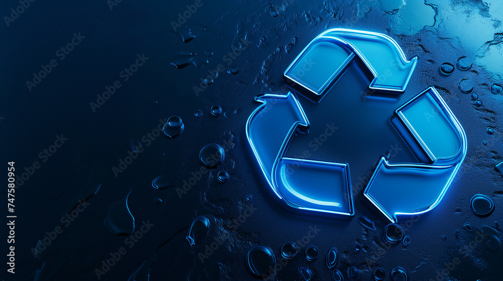 glowing blue recycle symbol on a wet, dark surface, highlighting the ...