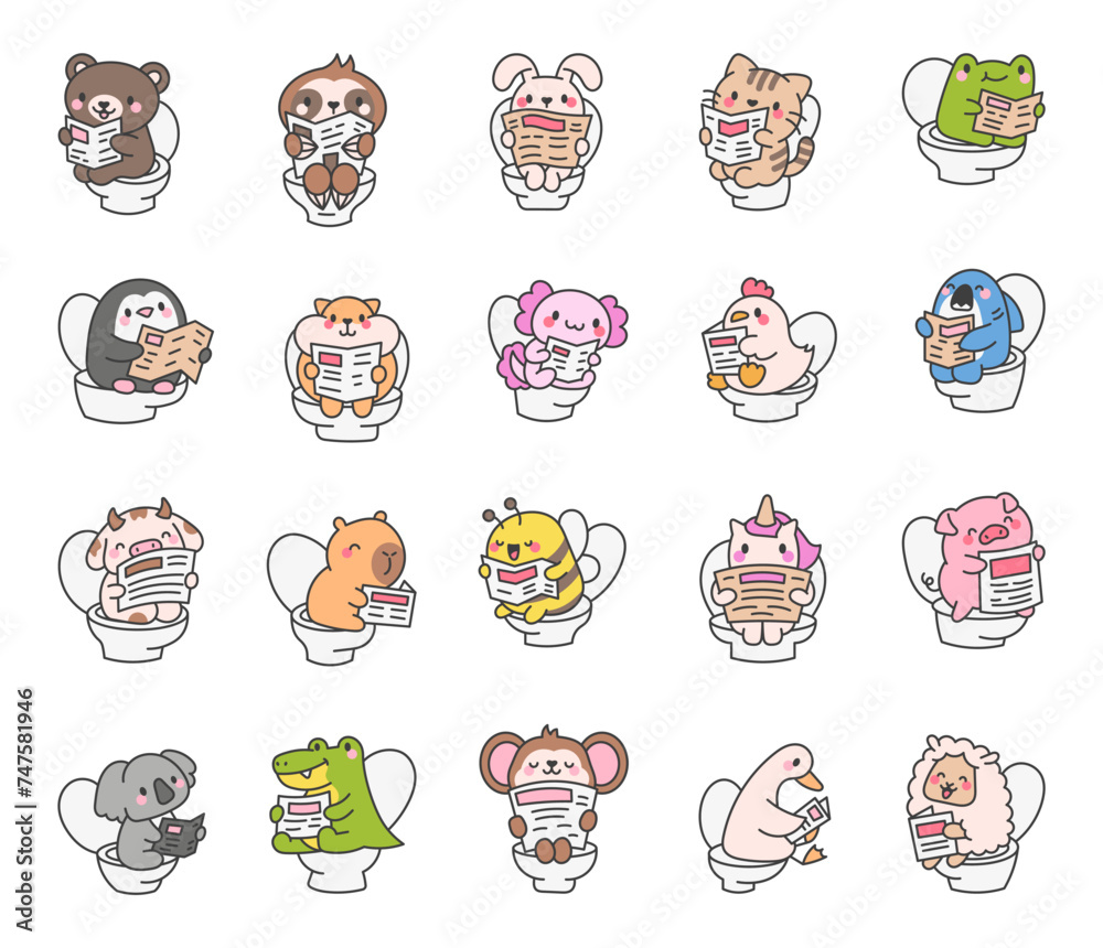 Cute animal pooping on toilet and read newspaper. Funny cartoon ...